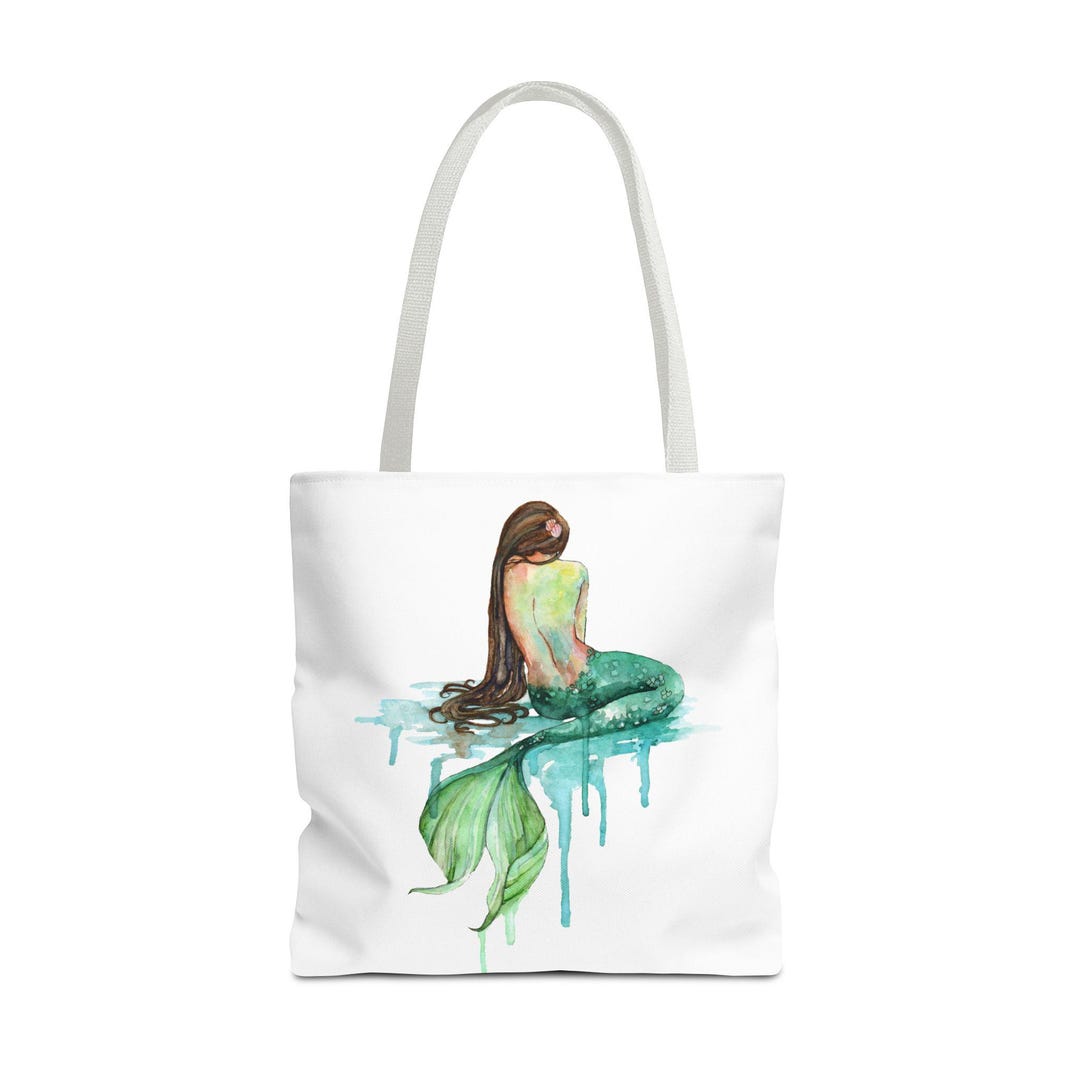 Mermaid Tote Bag - Canvas Beach Bag, A Watercolor Mermaid Shopping Bag ...