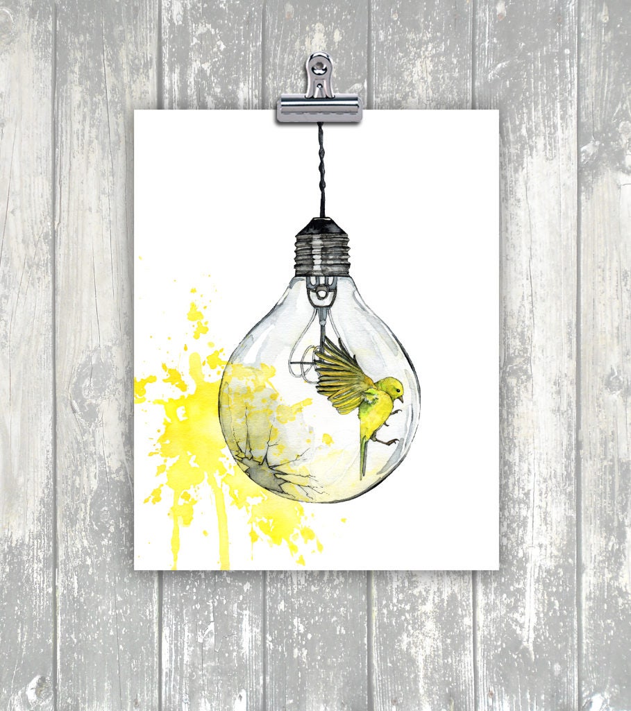 Watercolor Painting, Light Bulb Painting, Watercolor Print, Bird, Paint ...