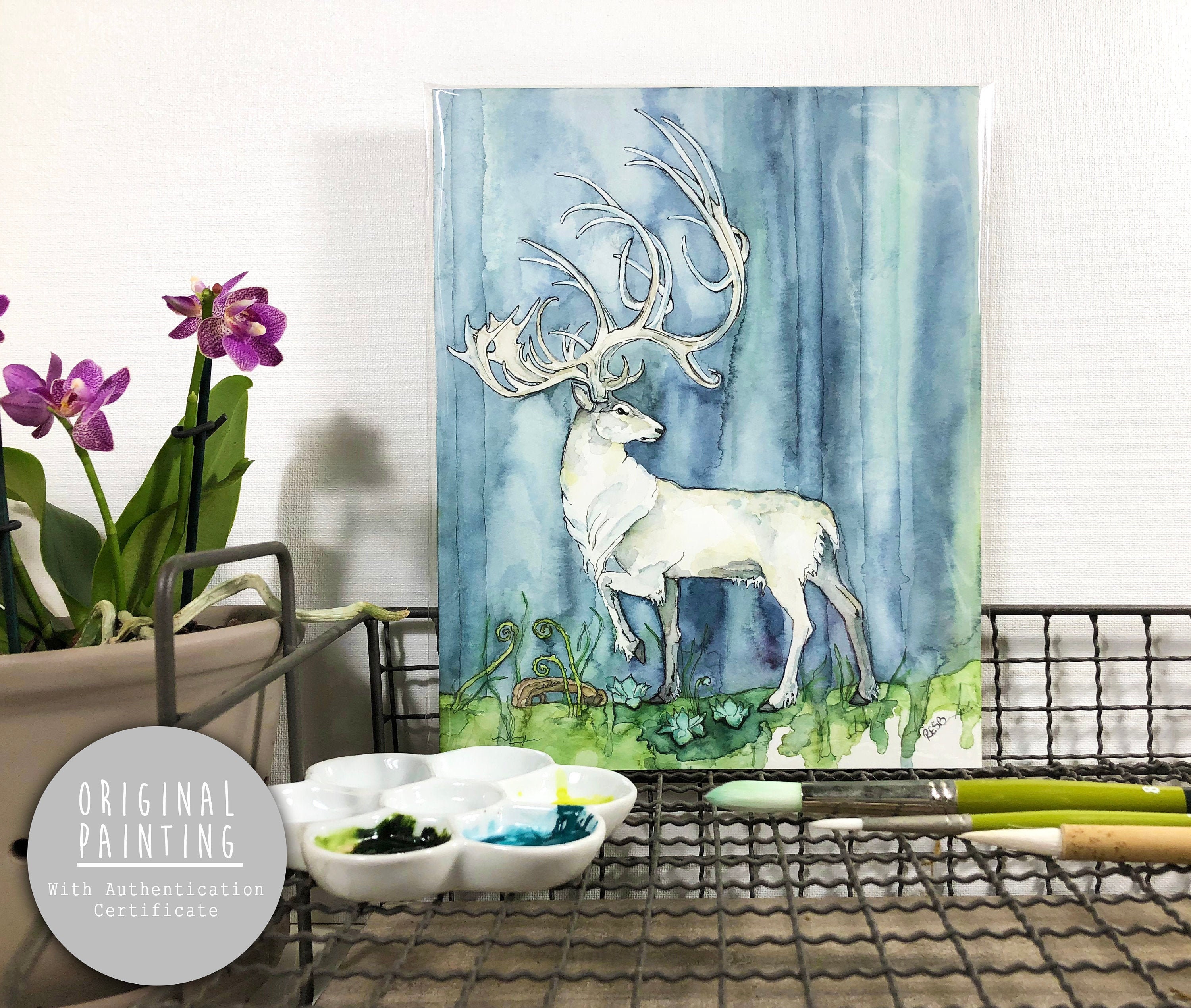 Original Watercolor Stag Painting Painting titled | Etsy