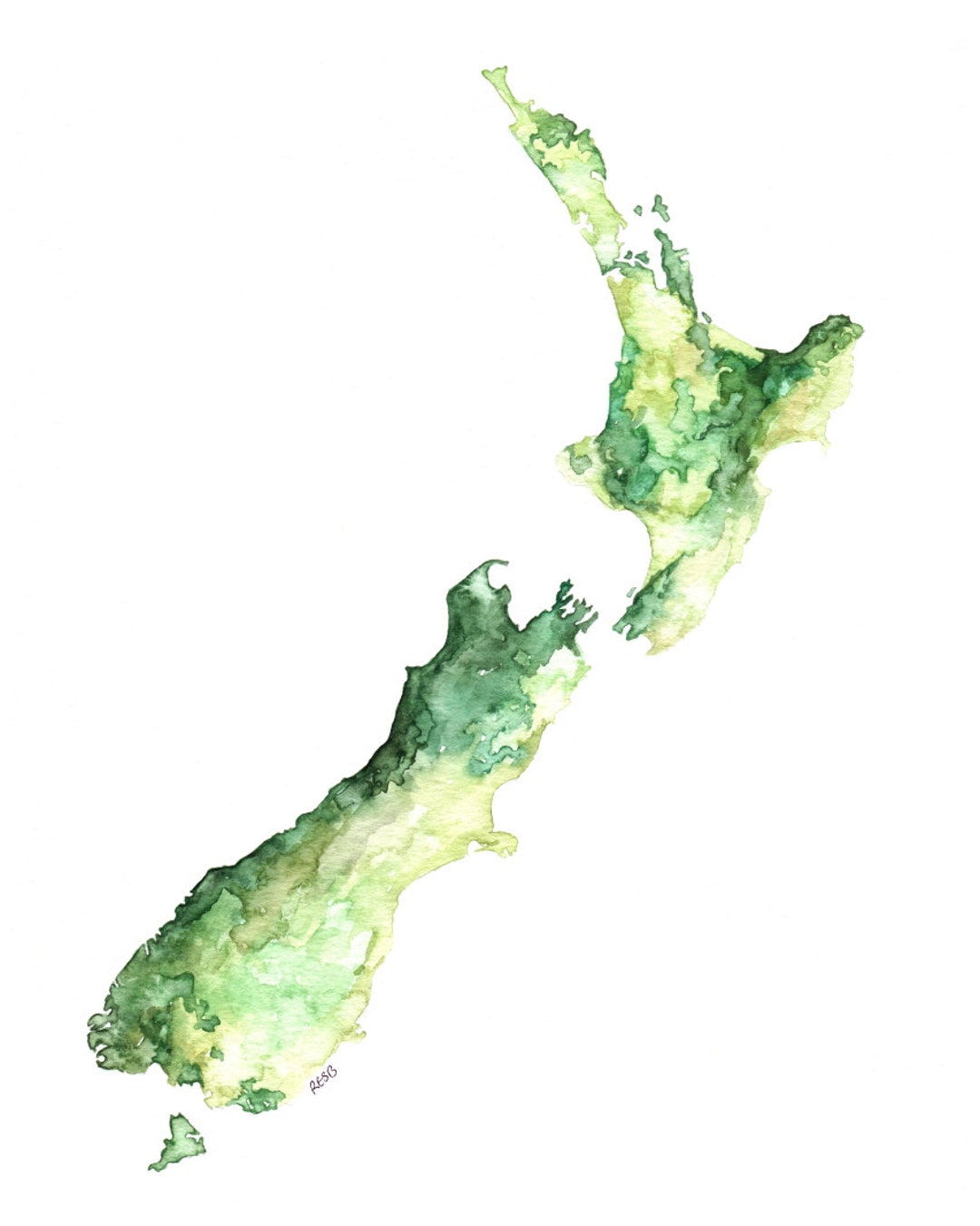 Watercolor Forestation New Zealand Map - Print From Original Watercolor ...