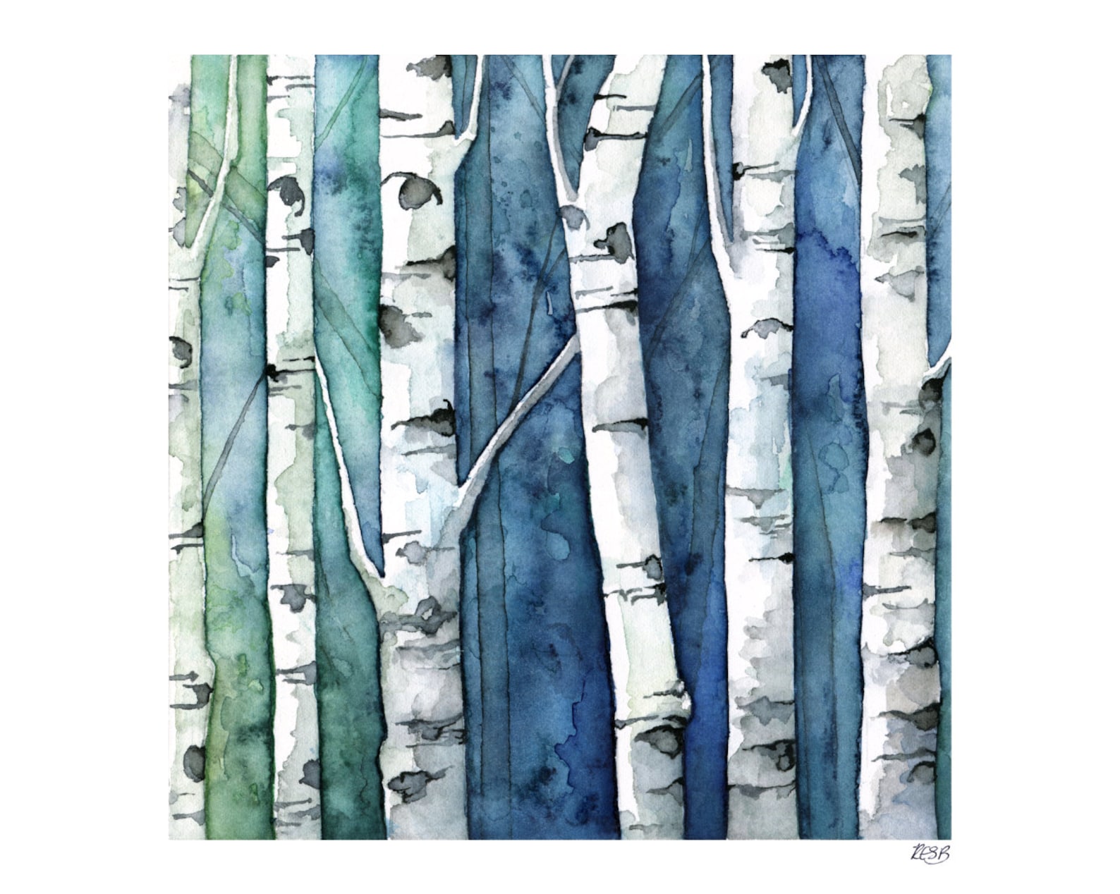 Watercolor Birch Trees Painting - Print Titled, "blue Birch Forest ...