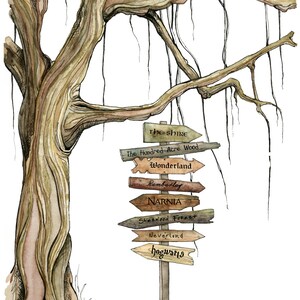 Storybook Signpost Tree Print - Customizable Literary Signpost, Fantasy ...