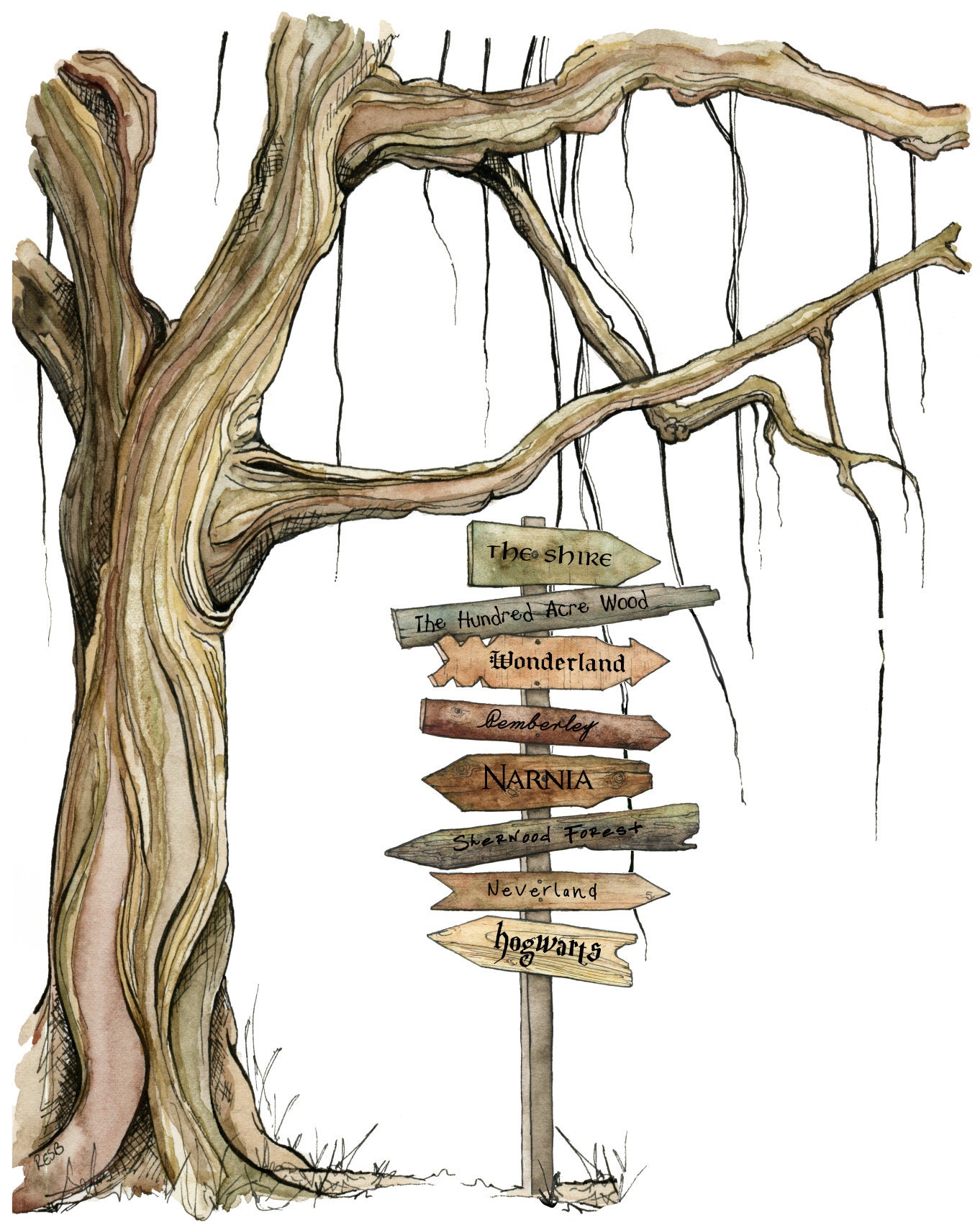 Storybook Signpost Tree Print - Customizable Literary Signpost, Fantasy ...