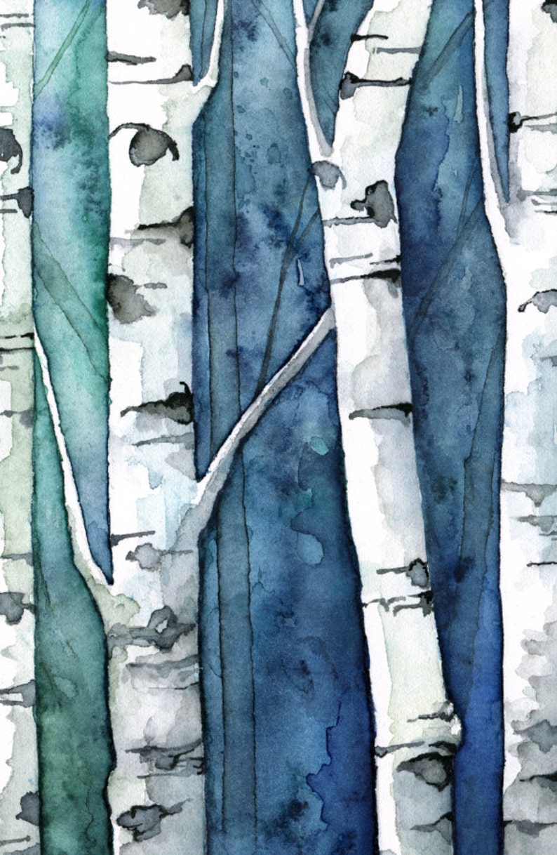Watercolor Birch Trees Painting - Print Titled, "blue Birch Forest ...