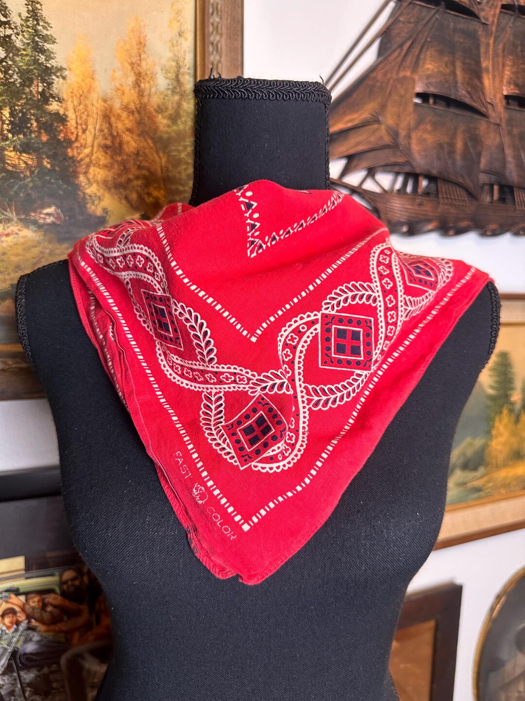 Antique Fast Color Trunk Down Bandana Made in the USA Turkey Red 1910s ...