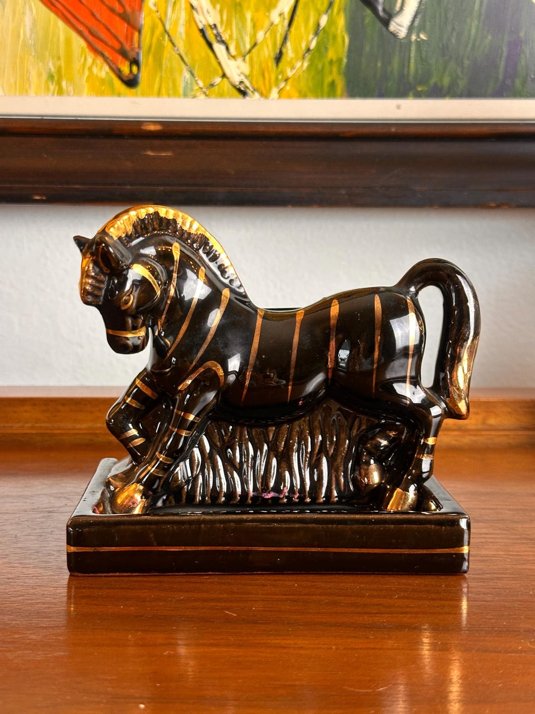 Mid Century Hollywood Regency Black & Gold Zebra Ashtray/ Pocket Vase ...