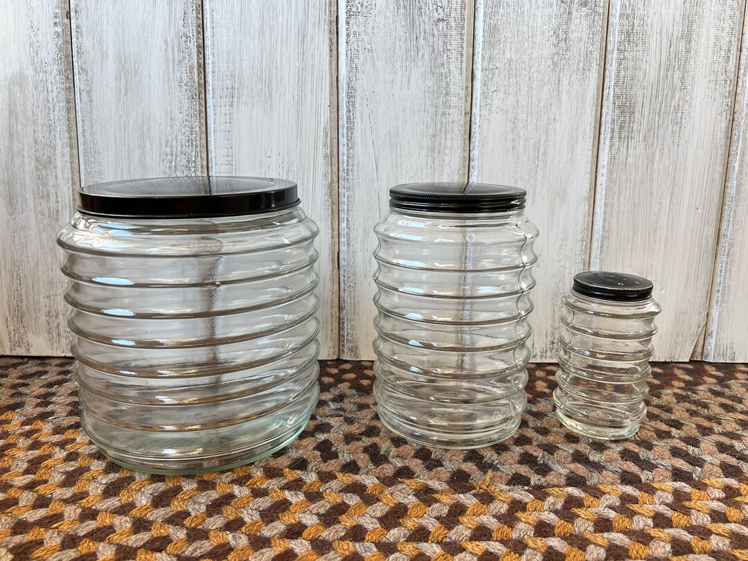 Hoosier Cabinet Sellers Ripple Clear Jar Set Canister Vintage Antique ...