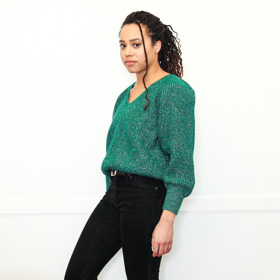 VINTAGE 80s Forest Green Wool GLITTER Metallic Sparkley BLOUSON ...
