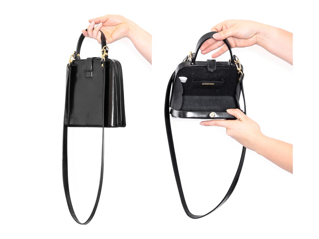 VINTAGE Black Leather 80s HINGE Structured Unique TOP Handle Shoulder ...