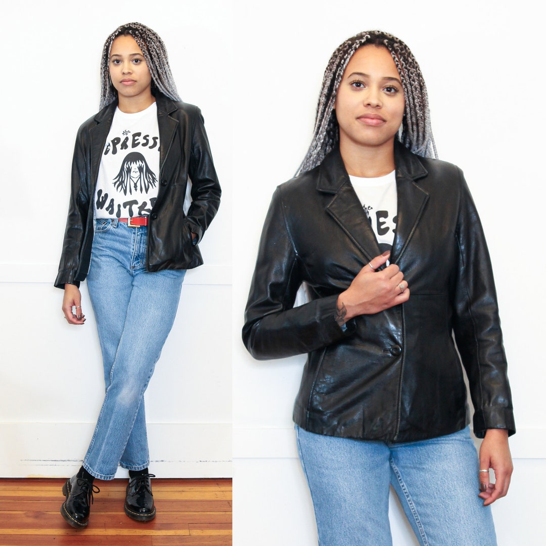 VINTAGE 80s Soft Black LEATHER Collared Blazer Jacket Trench Grunge ...