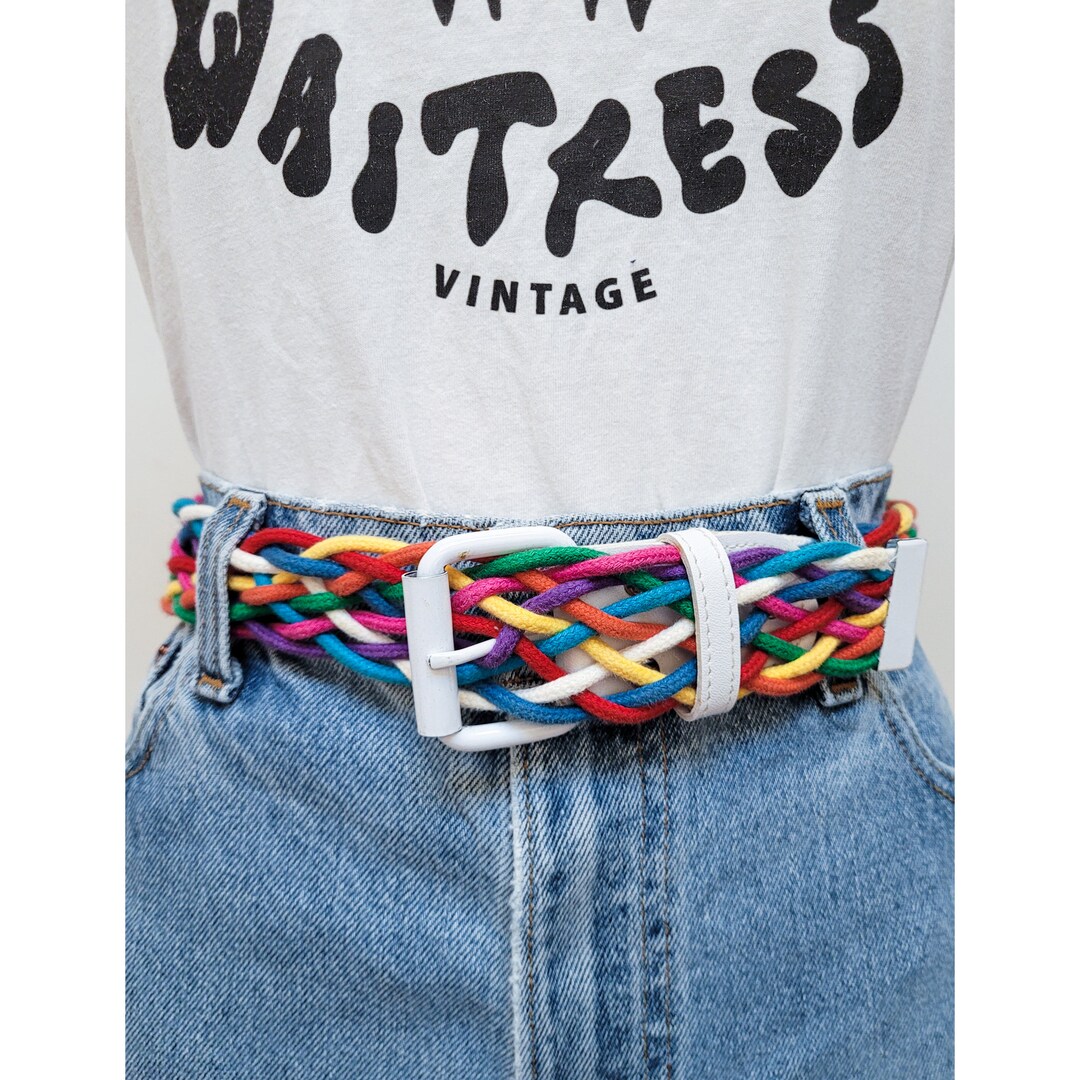 VINTAGE 80s Colorful RAINBOW Pride Confetti Woven Braided Rope Belt ...