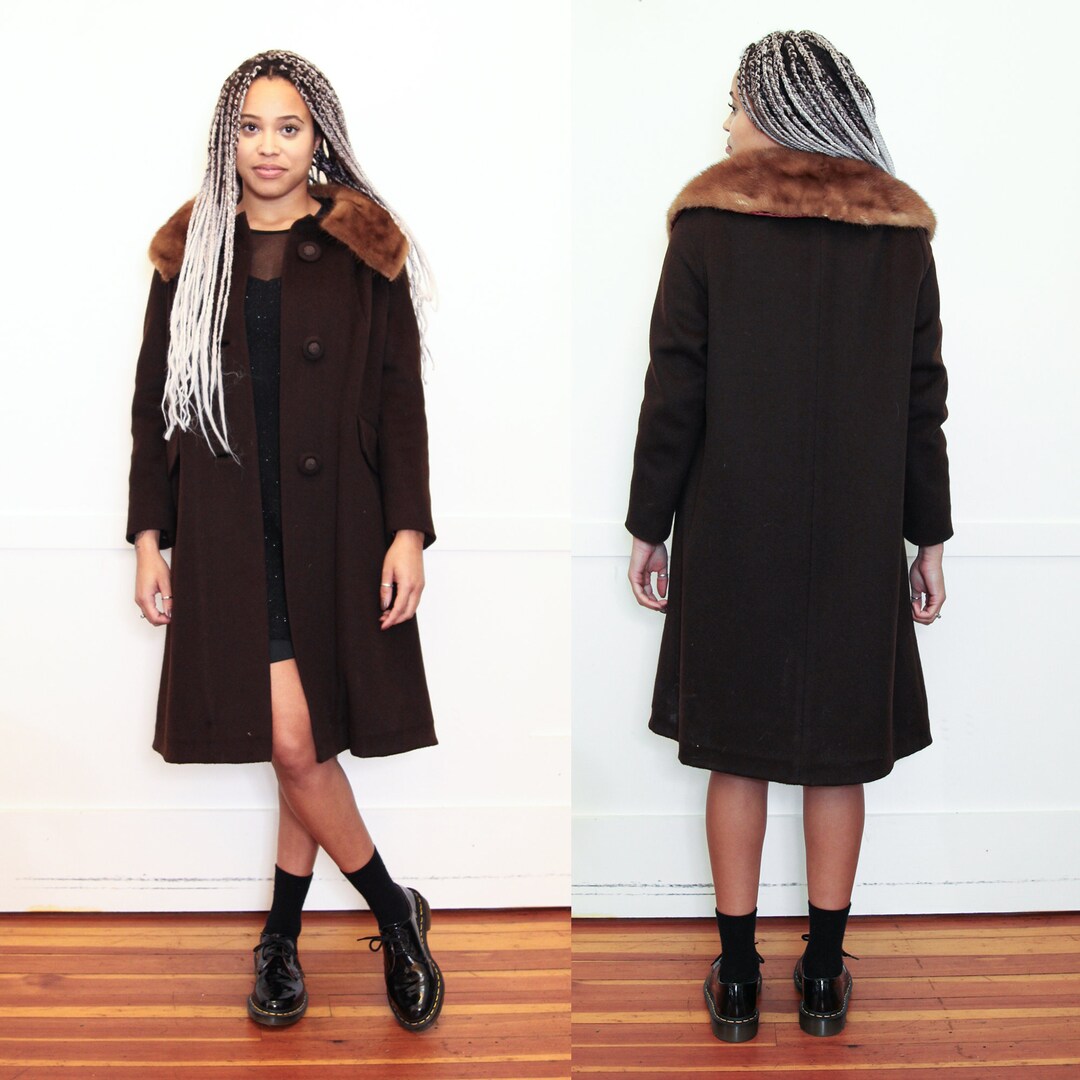 VINTAGE 50s 60s Brown Wool FUR MINK Princess Midi Coat Jacket Large ...
