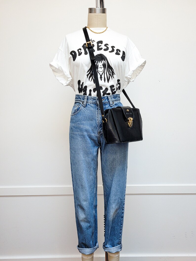 VINTAGE 90s Black CASUAL CORNER Leather Structured Geometric Shape Gold ...