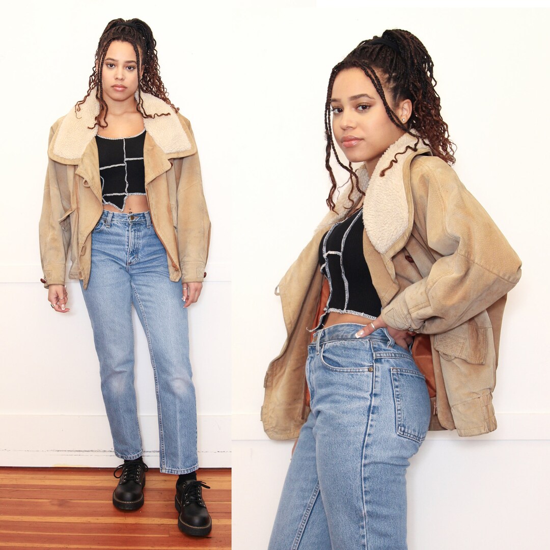 Late Ship Sale VINTAGE 80s Tan Beige SUEDE Leather Faux SHEARLING ...