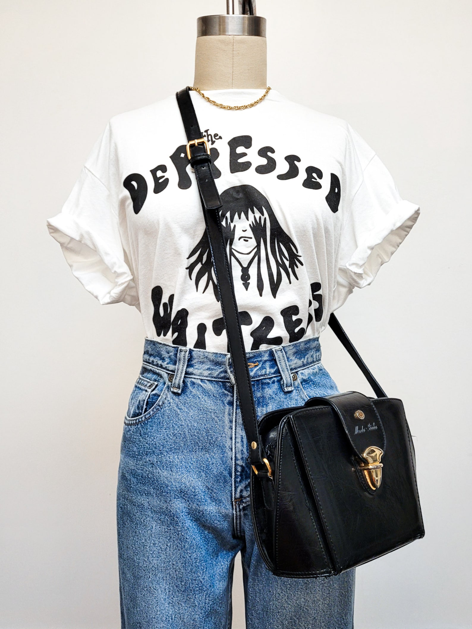 VINTAGE 90s Black CASUAL CORNER Leather Structured Geometric Shape Gold ...