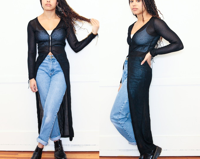 VINTAGE 90s Amazing Black Sheer Mesh NET Duster Long Cardigan Jacket ...