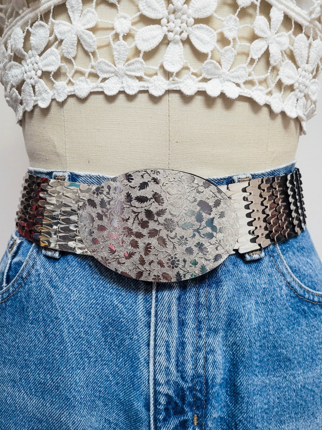 VINTAGE 80s 90s Silver Stretchy Elasticated Metal Concho Belt Grunge ...