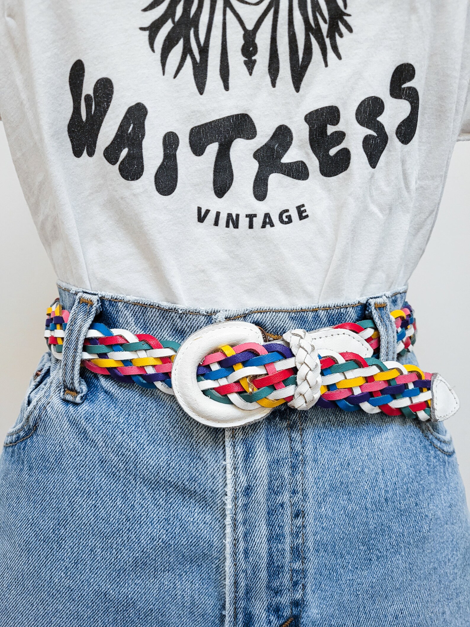VINTAGE 80s 90s Colorful Rainbow White Leather Woven Braided Hippie ...