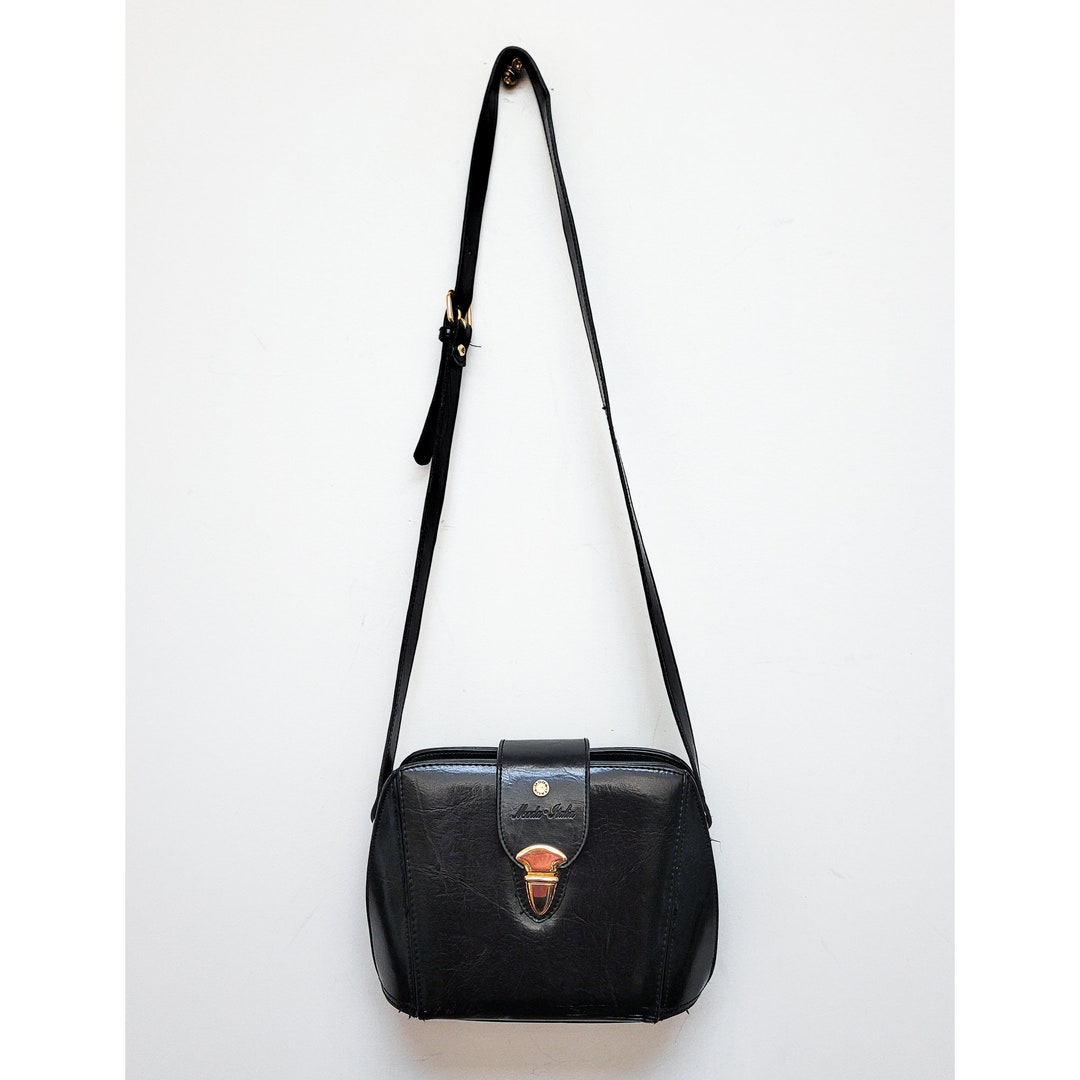 VINTAGE 90s Black CASUAL CORNER Leather Structured Geometric Shape Gold ...