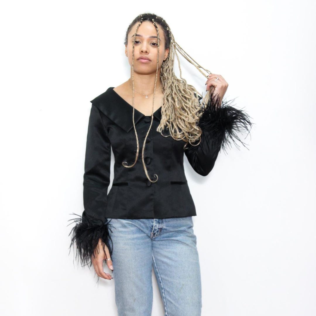 VINTAGE 80s 90s BLACK Satin Jacket Real Feather Sparkle Trim Cuffs ...