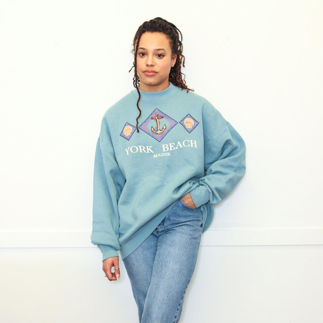 VINTAGE 80s 90s Oversized Blue Seafoam Cotton YORK Beach Maine Nautical ...