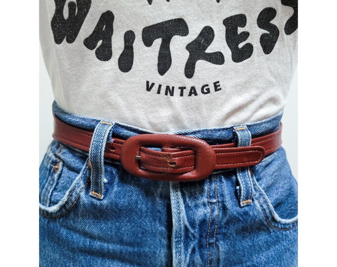 VINTAGE 70s Burgundy LEATHER Unique WAVY Bubble Belt Oval Buckle Hippie ...