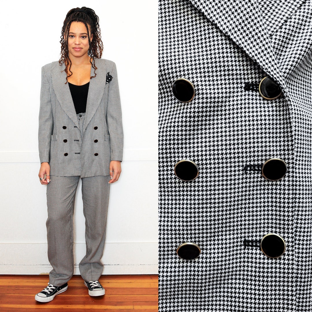 Late Ship Sale VINTAGE 90s Black & White HOUNDSTOOTH Double Breasted ...