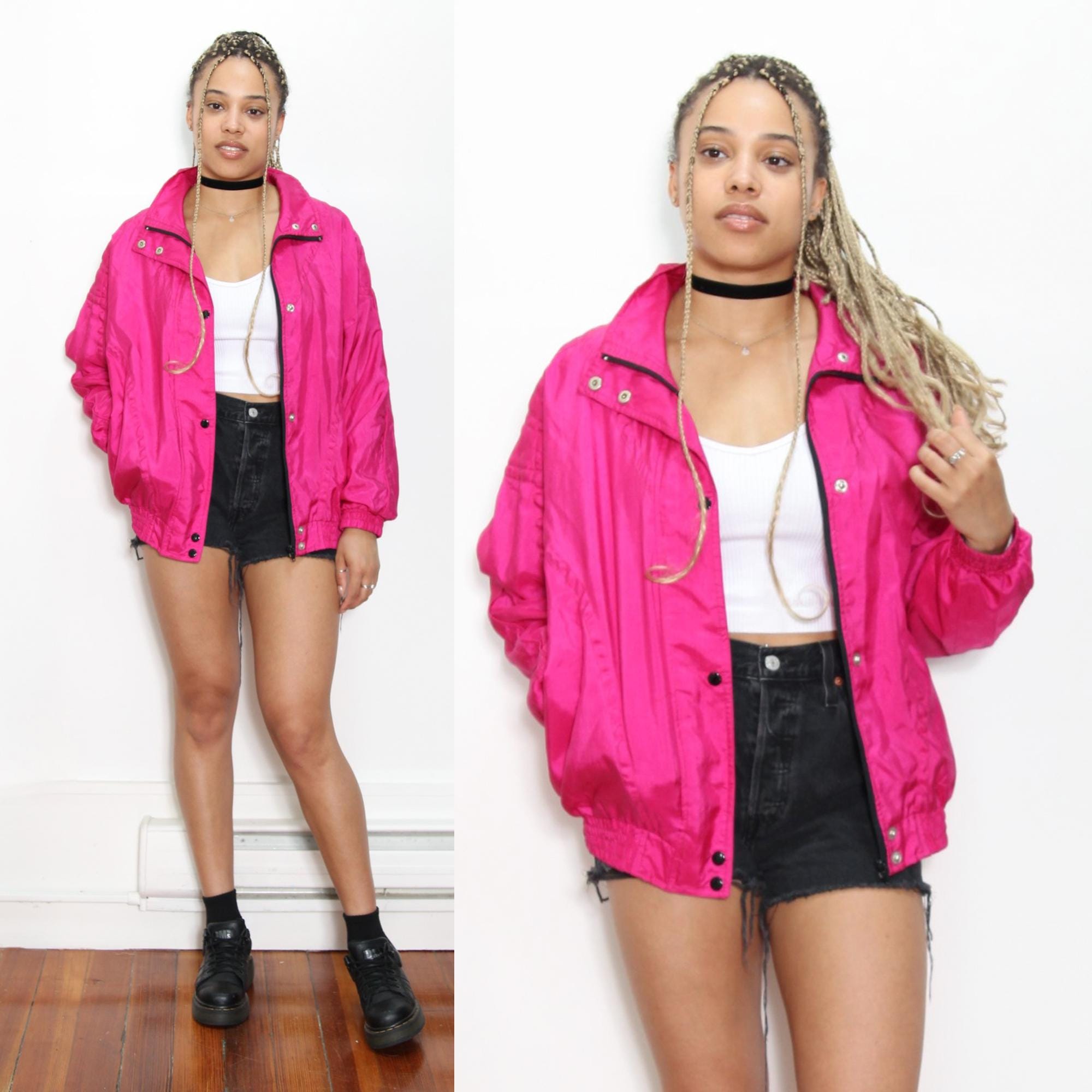 VINTAGE 80s NEON Magenta Hot PINK Zippered Button Casual VINTAGE 80s NEON Magenta Hot PINK Zippered Button Casual