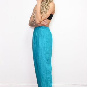 VINTAGE 80s 90s LINEN TURQUOISE Blue High Waist Flowy Relaxed Pleated ...