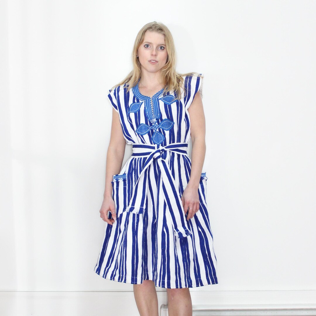 VINTAGE 70s RARE Blue White HEAVY Striped Grecian Style Tunic Cotton ...