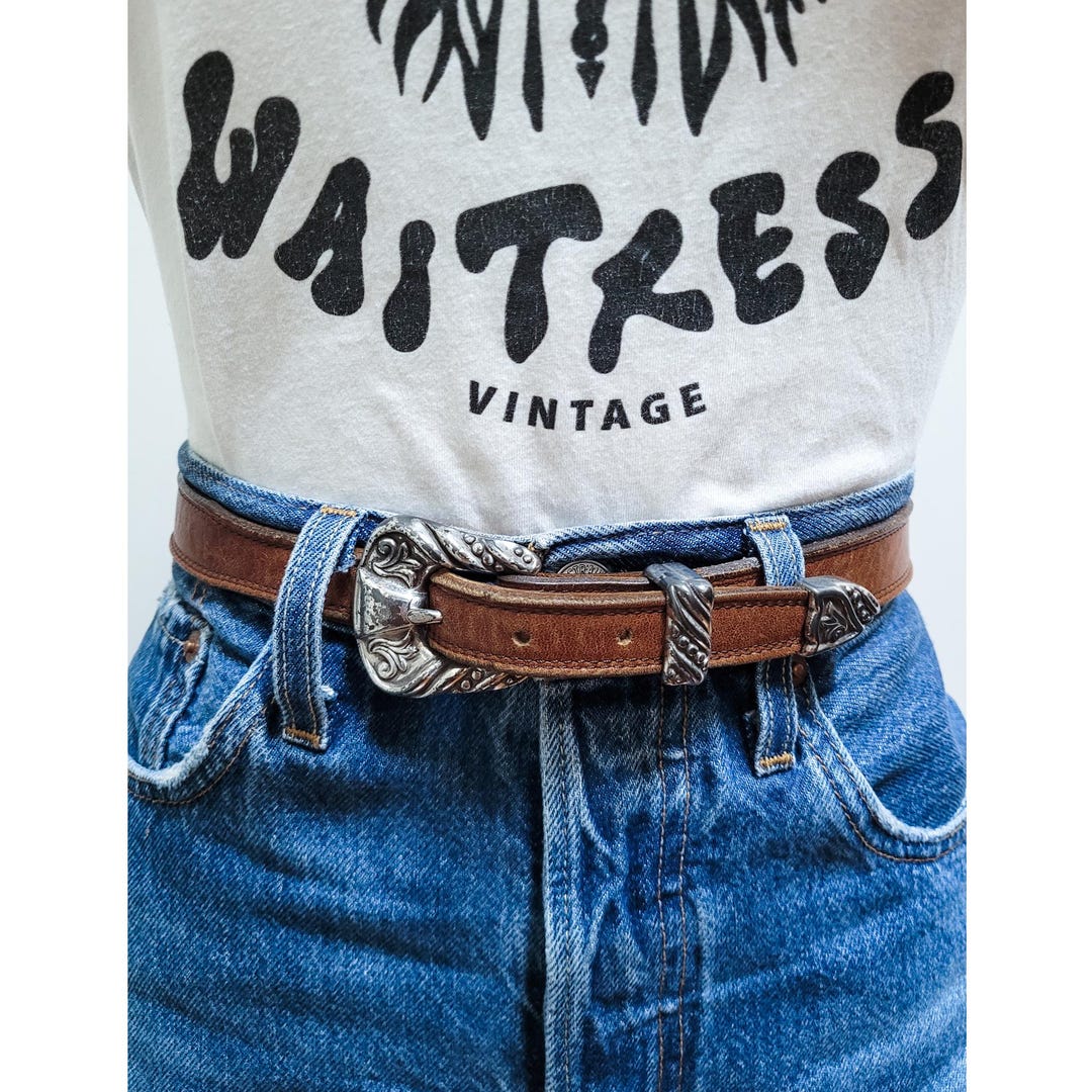 VINTAGE 80s 90s Brown Leather Nocona Western Cowboy Silver Buckle ...