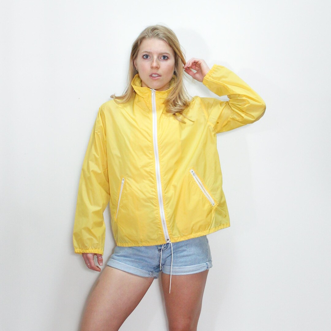VINTAGE 70s Yellow Sunshine Translucent WATERPROOF High Neck Drawstring ...