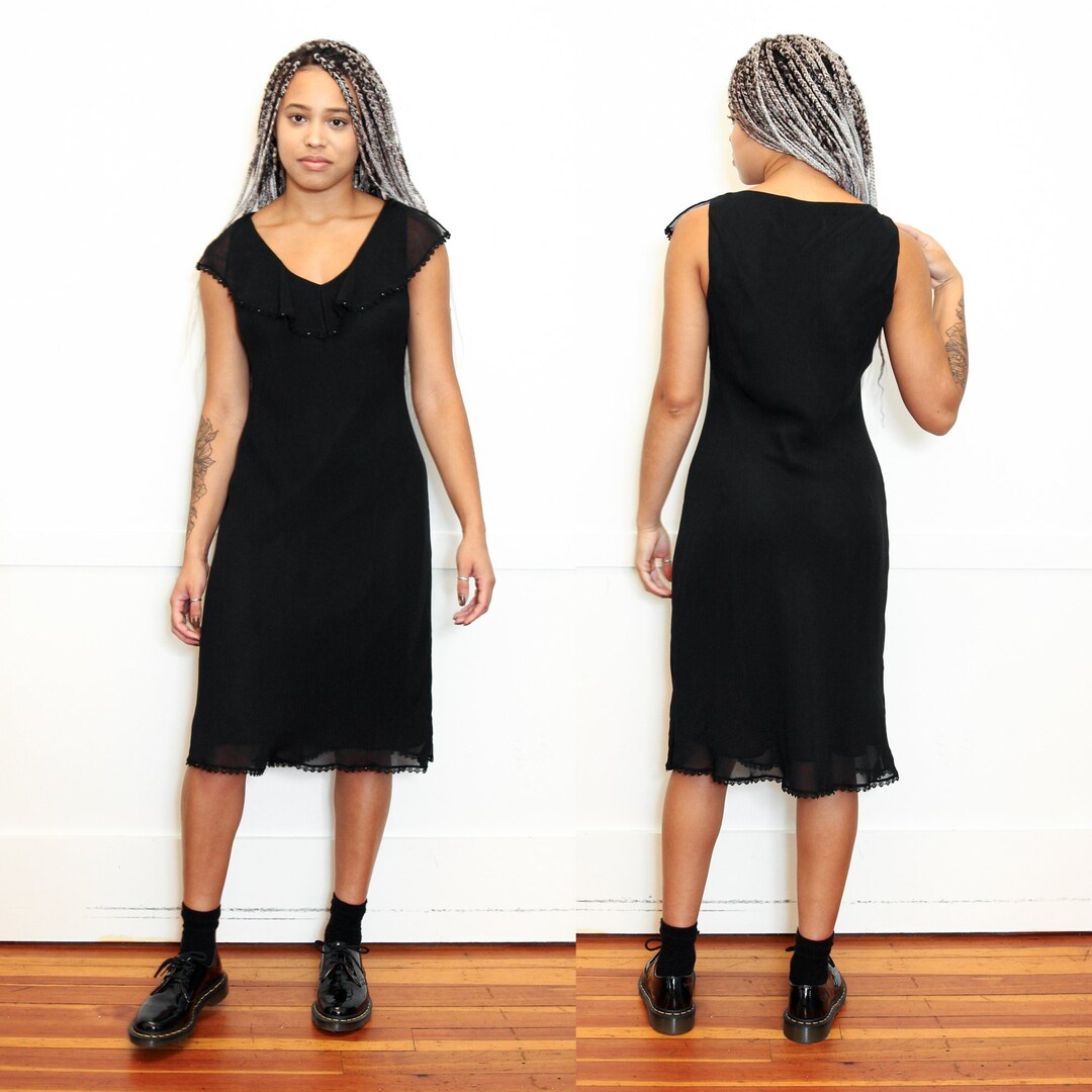 VINTAGE 90s Black BIAS CUT Sheer Chiffon Wispy Ruffled Flutter Sleeve ...