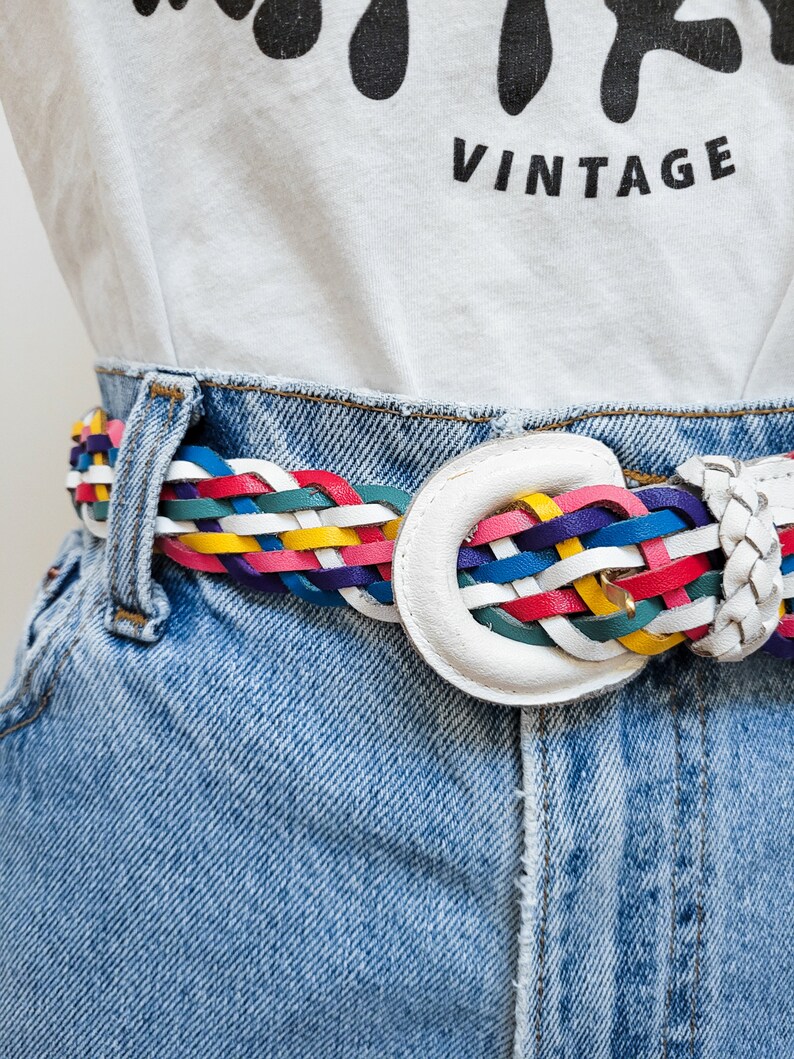 VINTAGE 80s 90s Colorful Rainbow White Leather Woven Braided Hippie ...