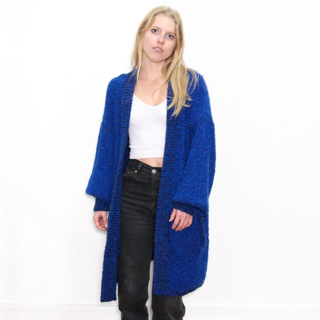 VINTAGE 80s Deep Blue Nubby Chunky Oversized Extra Long Duster Swing ...
