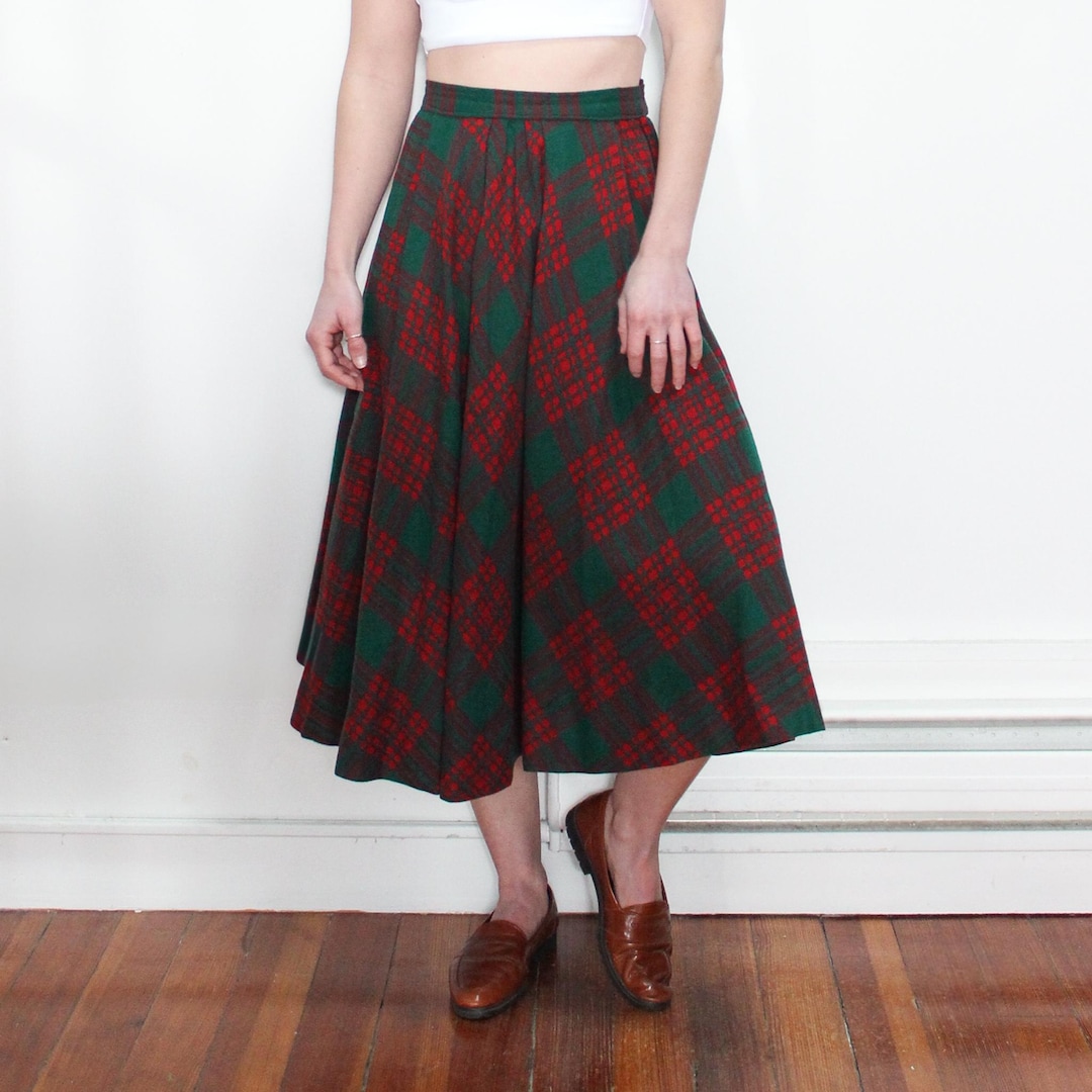 VINTAGE 70s Preppy Green Red PLAID Tartan Flannel Wool High Waist ...