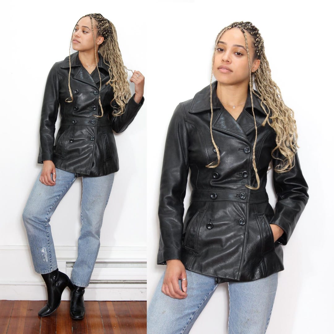 VINTAGE 90s GUESS BLACK Shrunken Skinny Fit Double Breasted Leather Pea ...