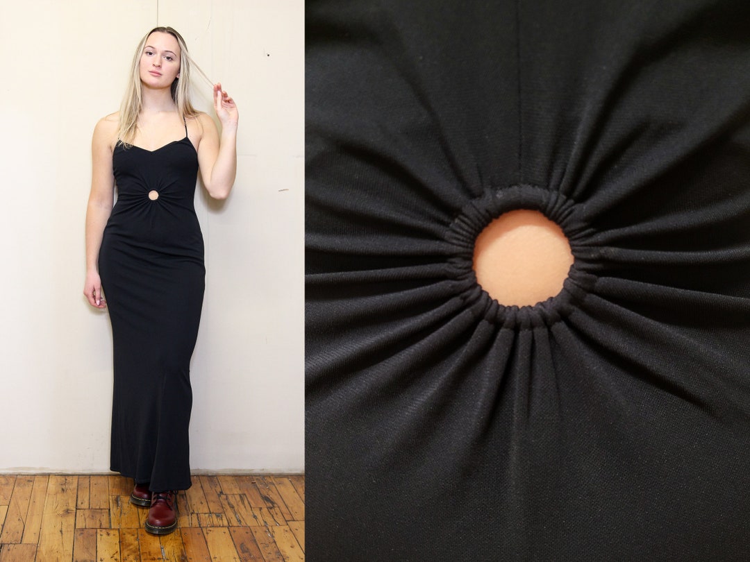 VINTAGE 80s 90s Black Ruched KEYHOLE Bust Exposed Criss Cross Fitted ...