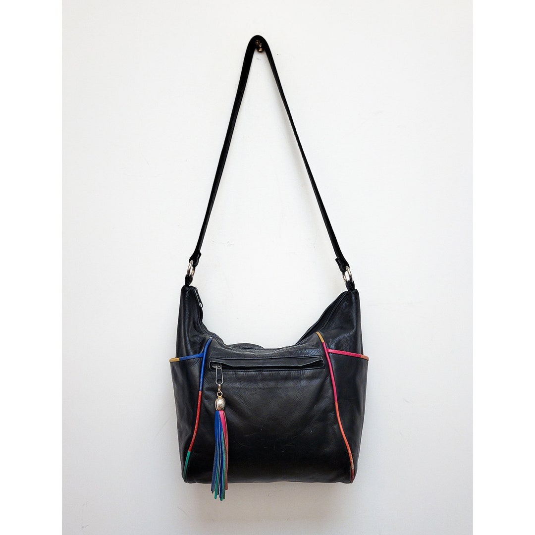 Xmas Salevintage 80s 90s Black Leather Curved Hobo Style Bag Colorful ...