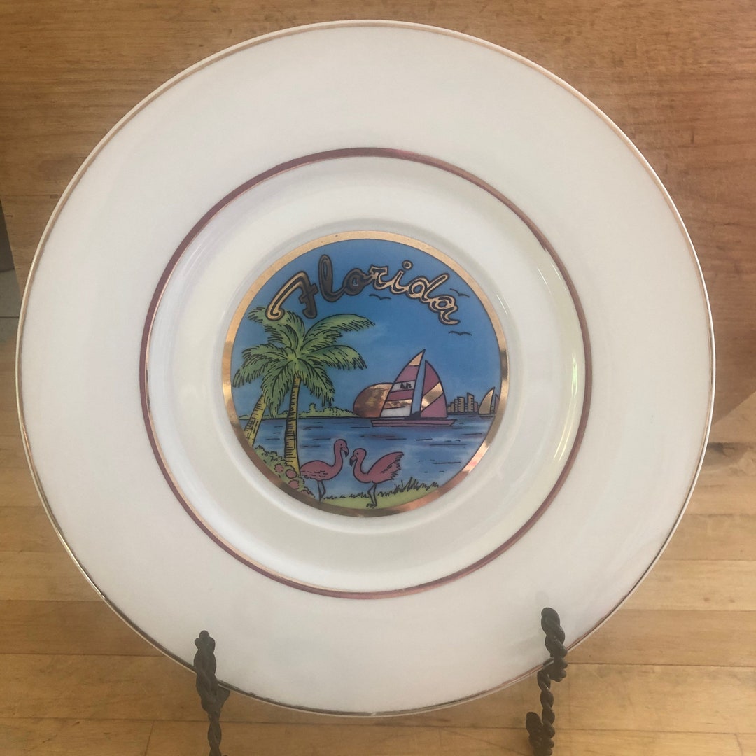 Florida Souvenir Plate Gold Trims Pink Flamingos Palm Tree Sailboat - Etsy