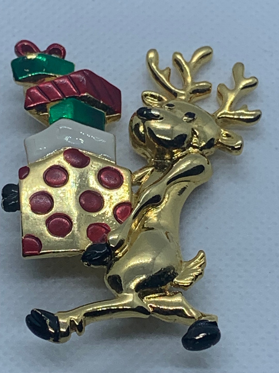 Vintage Danecraft Jewelry Gold Tone Reindeer Red Green Packages ...