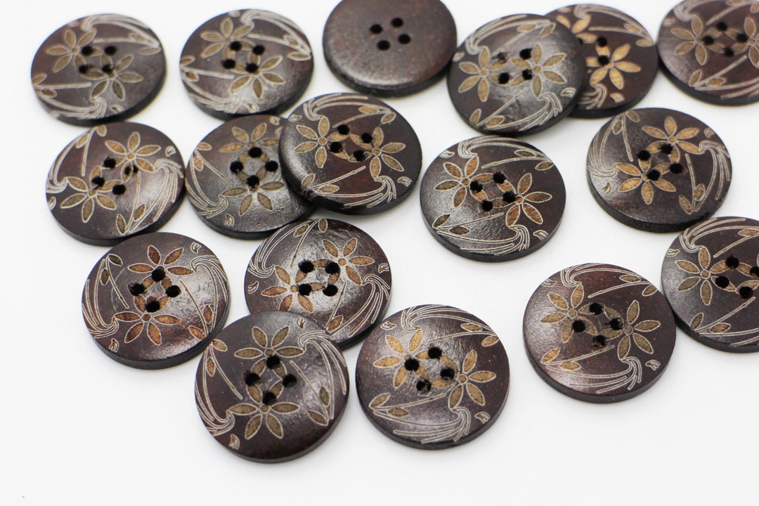 Flower Wood Button, Chinese Style , Dark Brown Color, Natural Wooden ...