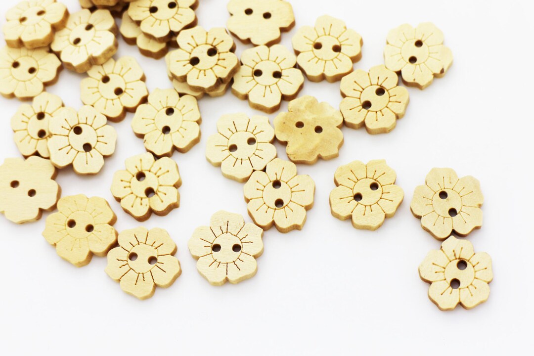 Flower Shaped Wood Buttons, Natural Wood Color, 2 Holes, Small Size ...