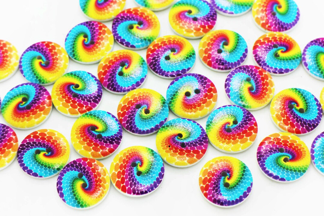 Rainbow Wooden Button, Coloful Rainbow Color, Spiral Print, Two Holes ...