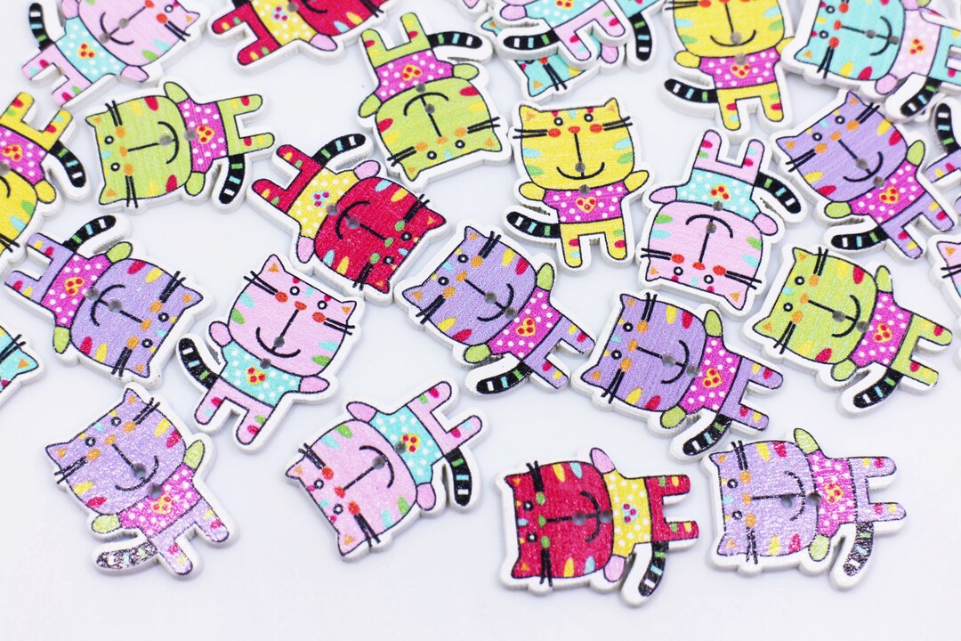 Cat Wooden Buttons, Cartoon Kitten Design, Special Shape, 2 Hole, Flat ...