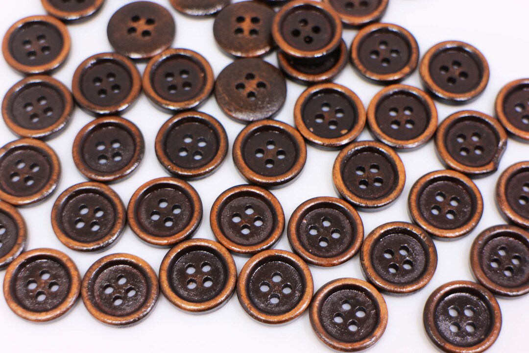 Dark Brown Wooden Buttons, 4 Holes, Round Shaped, Raised Edge, 15mm, 11 ...