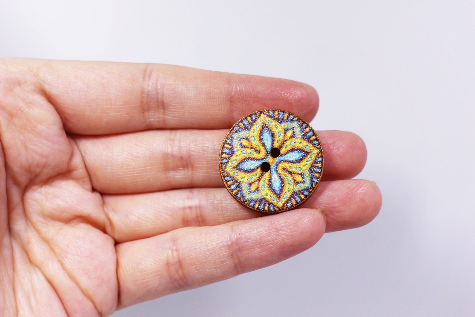 Bohemian Wooden Button Yellow Blue Green Peranakan Pattern - Etsy