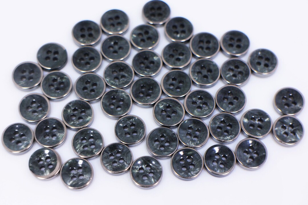 Dark Green Shell Looking Buttons, Silver Edge, Four Holes, Slight Bowl ...