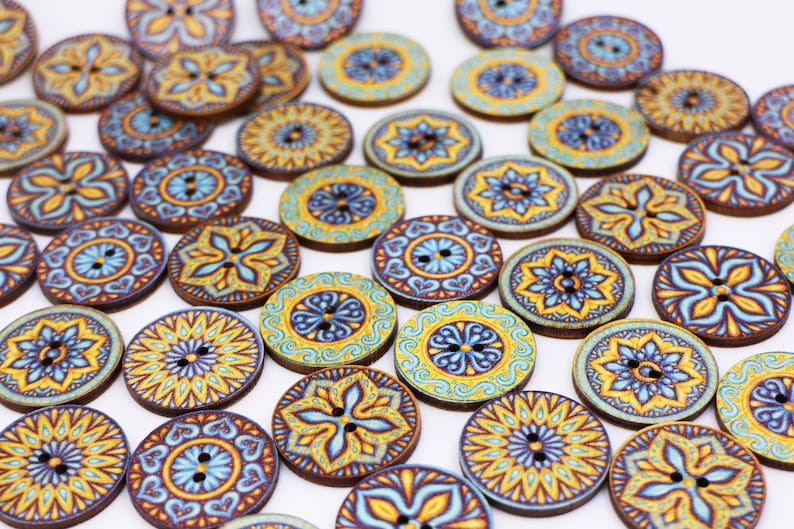 Bohemian Wooden Button Yellow Blue Green Peranakan Pattern - Etsy
