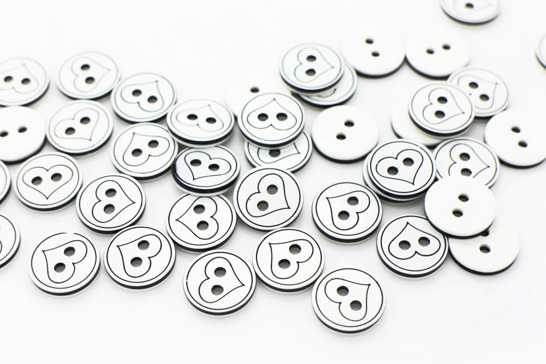 Black Heart Buttons, Made of Resin, Two Holes, Black and White Color ...
